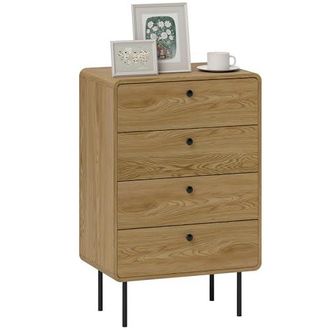HOMCOM Commode 4 tiroirs, Meuble de Rangement &eacute;troit avec Pieds en Acier, Coins arrondis et poign&eacute;es en Bois, Style Moderne, Commode pour Chambre &agrave; Coucher, 