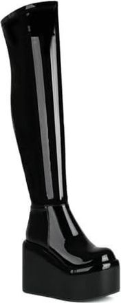 Generic Bottes longues à talon compensé à bout rond pour femme avec fermeture éclair latérale, Noir, 37.5 EU