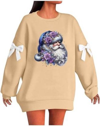 Generic Pull de Noël tendance décontracté surdimensionné à manches longues avec noeud papillon mignon pour femme, imprimé arbre de Noël pailleté, flocon de ne
