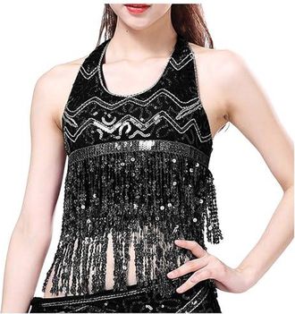 Generic D&eacute;bardeur de f&ecirc;te scintillant pour femme - Col rond - Sans manches - Joli t-shirt &agrave; paillettes - D&eacute;contract&eacute; brillant 2025 - Ourlet &agrave; pompons - Tendan