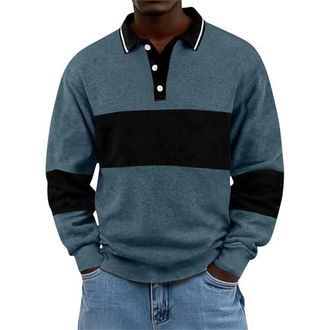 Generic Polo &agrave; manches longues en coton pour homme - &Eacute;l&eacute;gant - T-shirt ample - Imprim&eacute; blocs de couleurs - Chemise &agrave; col avec boutonni&egrave;re - Haut confortable, 