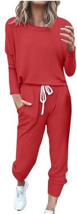 Generic Ensemble de tenue d&eacute;contract&eacute;e pour femme, t-shirt ras du cou &agrave; manches longues et pantalon long en patchwork de couleurs (Red, XXXXXL)