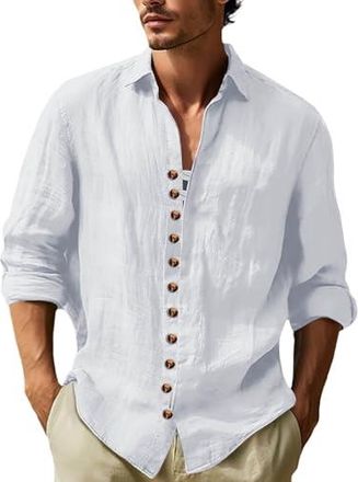 Generic Chemise en coton et lin pour homme Henley Gym Tops Casual Revers Coton Up Chemise &agrave; manches longues Tunique classique, blanc, XXL