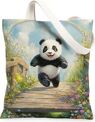 Generic Sac fourre-tout en toile motif panda printanier pour faire du shopping, 33 x 38,1 cm, sac d&eacute;picerie r&eacute;utilisable pour femme, motif floral, paysage, pl