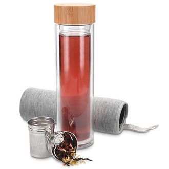 Navaris Bouteille de Th&eacute; en Verre - Gourde avec Infuseur en INOX pour Sachet et Fruits - Bouteille Double Paroi Verre - Transport de Boissons - 500mL