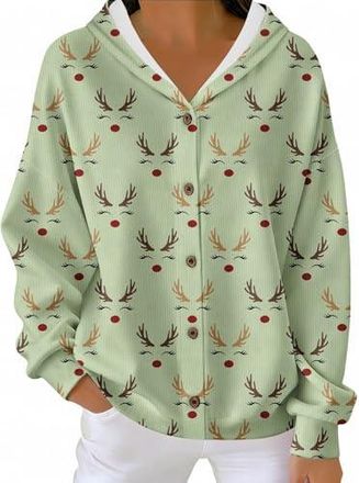 Generic Cardigan de Noël à capuche boutonné pour femme - Haut de Noël amusant - Imprimé de Noël - Veste à capuche surdimensionnée - Vêtements de sport - Costu