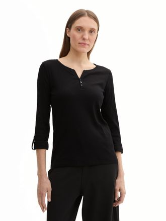 Tom Tailor Damen Henley Longsleeve mit Streifen aus Bio-Baumwolle, 14482 - Deep Black, XXL