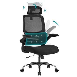 Songmics B&uuml;rostuhl, Schreibtischstuhl, ergonomisch, klappbare Armlehnen, hohe R&uuml;ckenlehne, Netzstuhl mit Lendenwirbelst&uuml;tze und Verstellbarer Kopfst&uuml;tze, Wippf
