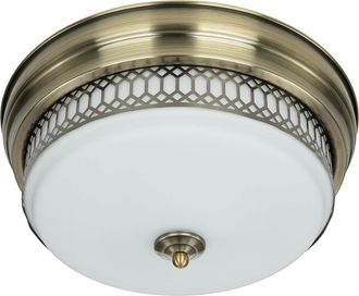 Licht-Erlebnisse Deckenleuchte Badezimmer Ø 35 cm H: 16 cm IP44 in Messing Antik Weiß 2x E27 Glas Metall Jugendstil Deckenlampe Badezimmerleuchte