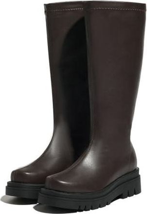 Generic Bottes montantes tendance pour femme avec boucle et bout carré et talon épais, large mollet à enfiler, chaussures de motrocycle, marron, 39.5 EU