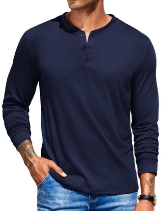 Coofandy Henley Shirt Herren Langarm Longsleeve Tshirt Einfarbig Langarmshirt Henley Pullover Männer mit Knopfleiste Dunkelblau XXL