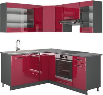 Vicco K&uuml;chenschr&auml;nke Fame-Line, Bordeaux Hochglanz/Anthrazit, 160 x 60 cm ohne Arbeitsplatte