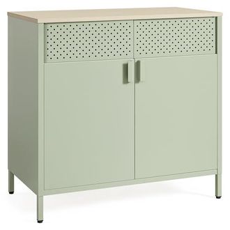 Songmics Meuble de Rangement, Buffet, en Métal, Double Porte, Fermeture Magnétique, Cadre en Acier, 40 x 80 x 76 cm, Vert Laurier et Couleur Chêne Naturel LSC1