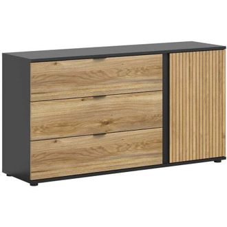 PEGANE Commode Buffet avec 1 porte d&eacute;cor lamelles et 3 tiroirs,coloris Ch&ecirc;ne/Noir - Longueur 143,5 x Profondeur 39,5 x Hauteur 76,5 cm