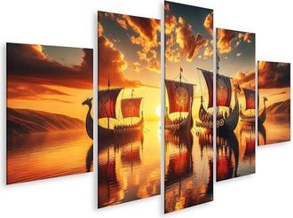 Islandburner Tableau sur toile Mer dor : Navires vikings au coucher du soleil Images murales Poster