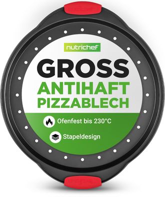 Nutrichef NutriChef Pizzablech Schwarz Ø 32 cm - Antihaft, Gelocht, Carbonstahl Pizzaform mit Griff | Spülmaschinenfest & BPA-frei | Stapelbar
