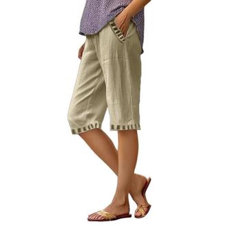 Generic Short en coton et lin pour femme - Longueur genou - Longueur genou - Pantalon de plage - Taille &eacute;lastique - Pantalon court d&eacute;contract&eacute; avec poches - L