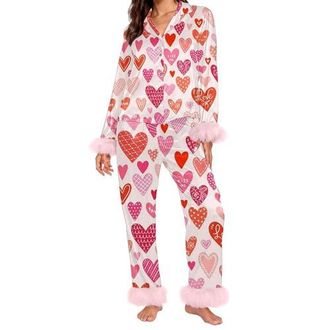 Generic Ensemble de pyjama en satin pour femme - V&ecirc;tement de nuit imprim&eacute; coeur - Haut et pantalon boutonn&eacute;s - Tenue 2 pi&egrave;ces - Pyjama en soie doux et confort