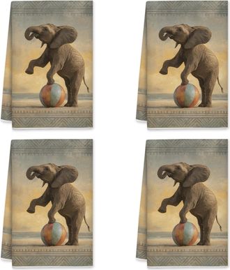 Generic Elefanten-K&uuml;chent&uuml;cher, 4er-Set, fantasievoll, nautischer Strandball, Ozean, Sommer, gedeckte Erdt&ouml;ne, Trocknen, wiederverwendbare Geschirrt&uuml;cher zum 