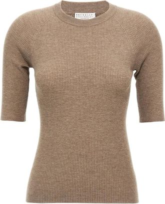 Brunello Cucinelli Femme, Pulls, Brun, Taille: 44 FR T-shirt &Eacute;tincelant