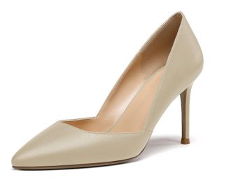 EDEFS Damen Spitze Zehen Pumps 8.5CM Hoch Stiletto Schuhe Modische Dorsay Schuhe Matte Beige Gr&ouml;&szlig;e EU38