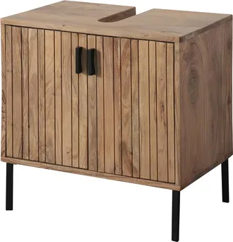 home24 Waschbeckenunterschrank aus massiver Akazie & Eisen in Akazie, Lackiertes Metallgestell mit technischem Materialmix, Strapazierf&auml;higes M&ouml;belst&uuml;ck f&uuml;r 