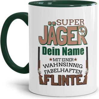 Tassendruck Tasse selbst gestalten - mit Name Personalisieren - mit Spruch - Super Jäger mit Flinte - Geschenkidee für Jäger, Jagd, Waidmann | Innen & Henkel Dunk