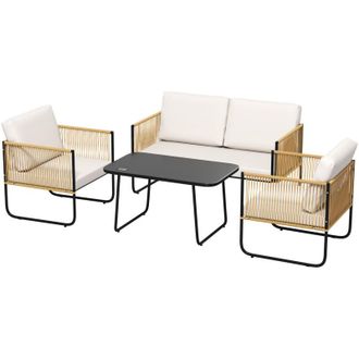 OUTSUNNY Salon de jardin 4 personnes 4 pi&egrave;ces style colonial acier noir r&eacute;sine filaire naturel