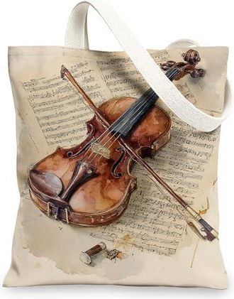 Generic Sacs fourre-tout en toile musicale, motif violon, sacs dépicerie réutilisables, sacs dépicerie vintage, légers et lavables avec bandoulière, beige, 13