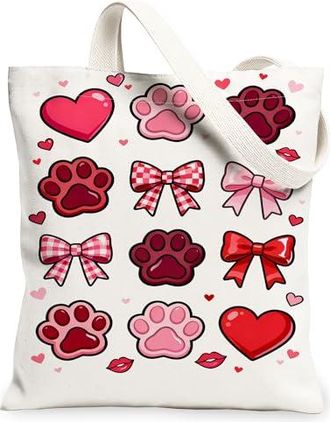 Generic Sacs fourre-tout en toile avec imprim&eacute; de pattes mignons, sacs &agrave; provisions r&eacute;utilisables, l&eacute;gers et lavables avec bandouli&egrave;re en toile pour E, blanc,