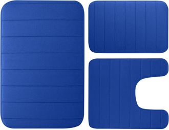 Generic Samt-Memory-Schaum-Badezimmerteppich, 3er-Set, wasserabsorbierend, rutschfest, extra weich(Blue)