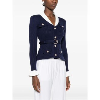 Self Portrait Ribbed Knit with Pearl Buckle Belt Sweater - Navy