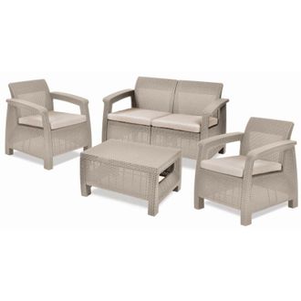 Keter Set Lounge corfu Canap&eacute; Cappuccino + 2 Fauteuils + Table Basse Ouverte