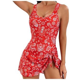 Generic Maillot De Bain Femme 1 Pieces Ventre Plat,Maillot De Bain Femme Sexy Push Up Maillot de Bain Jupette Col en V Rembourr&eacute; Swimwear avec Jupe &agrave; Cordon d