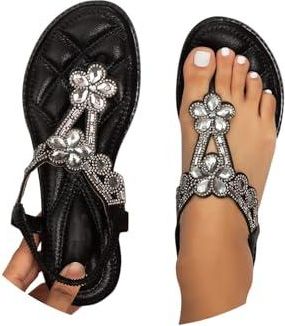 Generic Sandales plates d&eacute;t&eacute; d&eacute;contract&eacute;es et l&eacute;g&egrave;res &agrave; enfiler en similicuir avec barre en T et strass pour femme, d noir, 35.5 EU