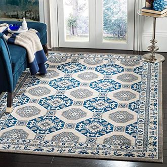 Safavieh Traditionell Teppich für Wohnzimmer, Esszimmer, Schlafzimmer - Patina Collection, Kurzer Flor, Blau und Elfenbein, 91 X 152 cm