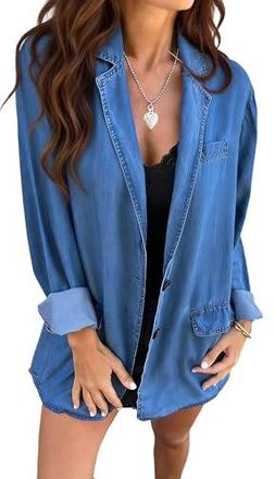 Generic Blazer tendance en jean ouvert sur le devant pour femme, l&eacute;ger, d&eacute;contract&eacute;, automne, printemps, travail, bureau, bleu, 4XL