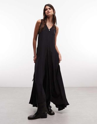 AllSaints Sybil Midikleid mit V-Ausschnitt, Raffungen und Volant in Schwarz