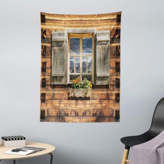 Abakuhaus Rustikal Wandteppich, Blick vom Berghütte aus Weiches Mikrofaser Stoff Waschbar ohne Verblassen Digitaldruck, 110 x 150 cm,Braun Grün