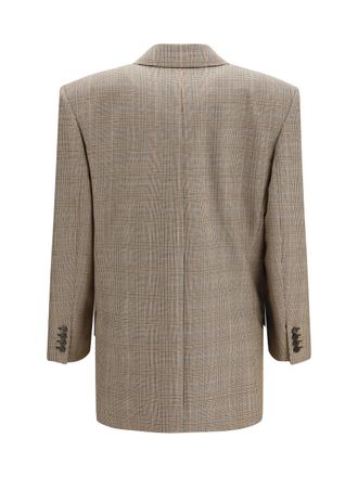 Saint Laurent Womens Prince Of Wales Houndstooth Wool Blazer Beige Marron Marine Fleece Ovis Aries Jacket