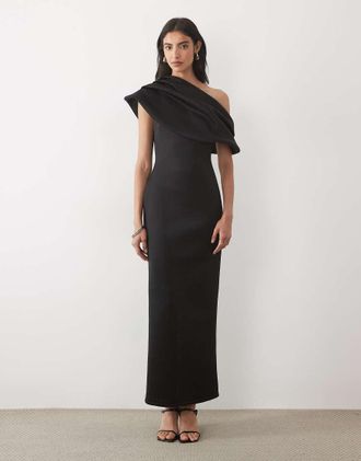 Asos drapiertes schulterfreies Pencil-Maxikleid in schwarzem, neoprenartigem Stoff