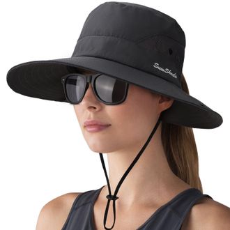 Dreshow Damen Sonnenhut Outdoor UV-Schutz Hut Faltbar Mesh Breite Krempe Angeln Pferdeschwanz Strand Eimer H&uuml;te mit Sonnenbrille