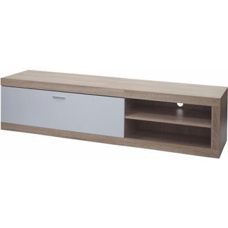 Hhg Meuble tv 637, Table de t&eacute;l&eacute;vision Table basse Armoire tv Commode, bois 43x180x41cm Compartiment de rangement, aspect ch&ecirc;ne, blanc