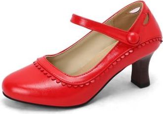 Generic Escarpins Mary Jane Femmes avec Bordure Évasée Ceinturon De Cheville Talons Kitten Bout Rond Cuir Faux Chaussures De Robe De Fête,Rouge,38.5 EU