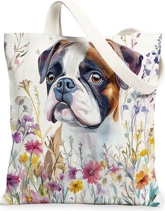 Generic Sac fourre-tout en toile motif chien boxer printanier 33 x 38,1 cm, sac r&eacute;utilisable &agrave; motif imprim&eacute; aquarelle pour femme, animal domestique, peinture