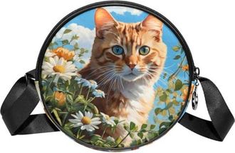 Generic Petit sac &agrave; bandouli&egrave;re rond pour femme, motif chat et fleur, sac &agrave; dos avec fermeture &eacute;clair, bretelles r&eacute;glables, sac &agrave; main rond d&eacute;contract&eacute; pour f
