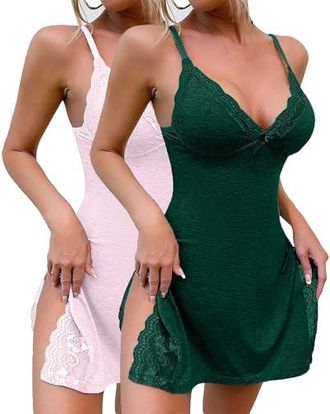 Generic Combinaison pour femme - Robe de nuit lat&eacute;rale avec bordure en dentelle et noeud - Robe de nuit en satin &agrave; bretelles spaghetti, M, XXL