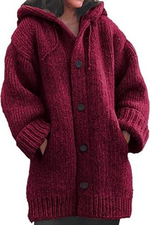 Generic Cardigan boutonné pour femme tendance 2025 ouvert sur le devant surdimensionné long tendance manteaux chauds tenues, rouge vin, XXL