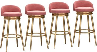 Generic Drehbarer Barhocker mit Rückenlehne, Samtbezug, Goldener Fußstütze, 4Er-Set, Rosa, für Kücheninsel/Thekenhöhe