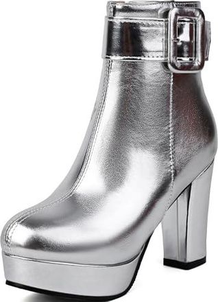 SJJH Bottes de cheville avec fermeture &eacute;clair lat&eacute;rale | Bottes pour femme pour occasions sp&eacute;ciales, talon de 9,5 cm, mat&eacute;riau brillant, polyvalent, argent
